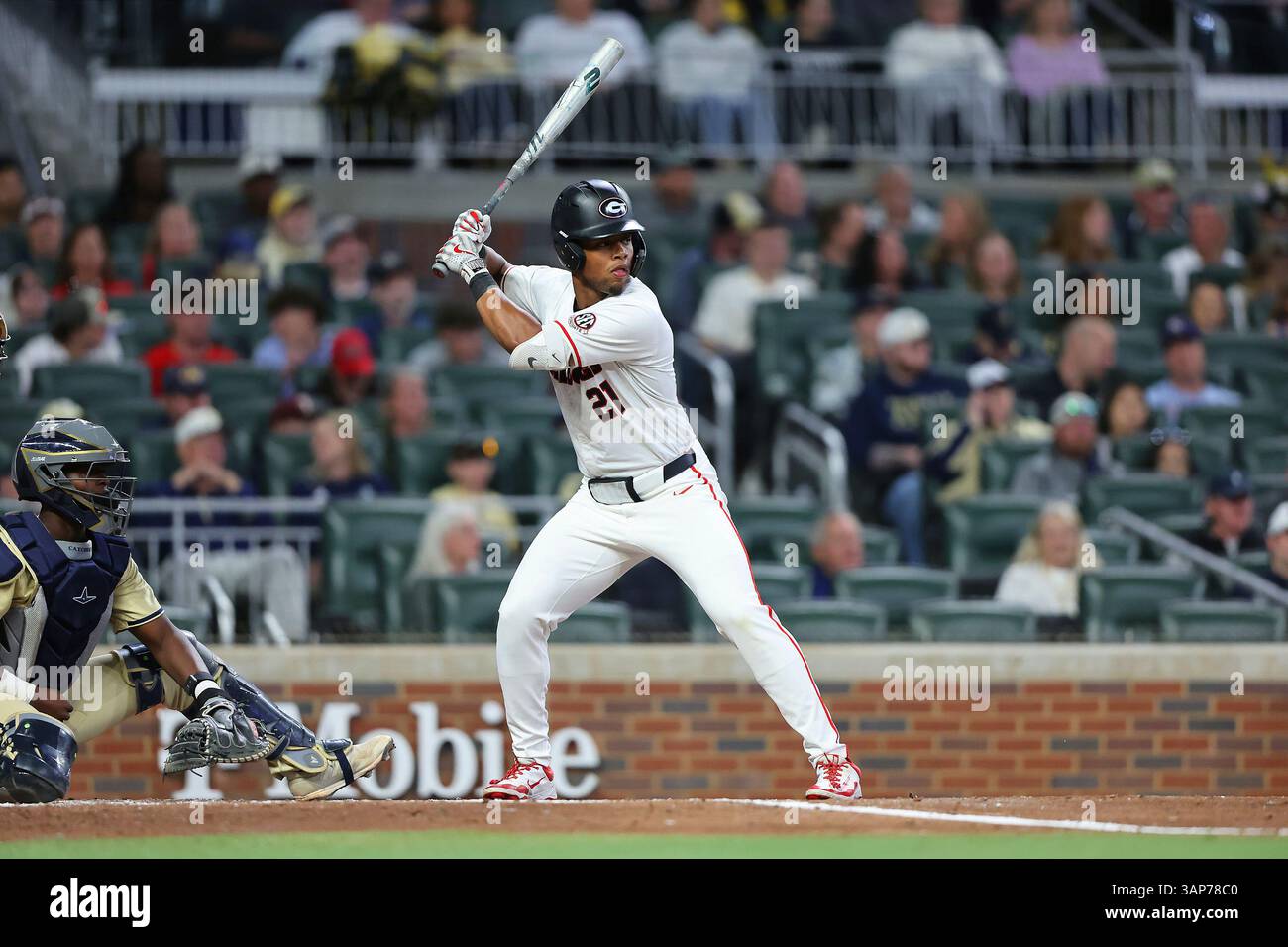 ATLANTA, GA - APRIL 15: Outfielder Devin Obee #21 of Georgia bats ...