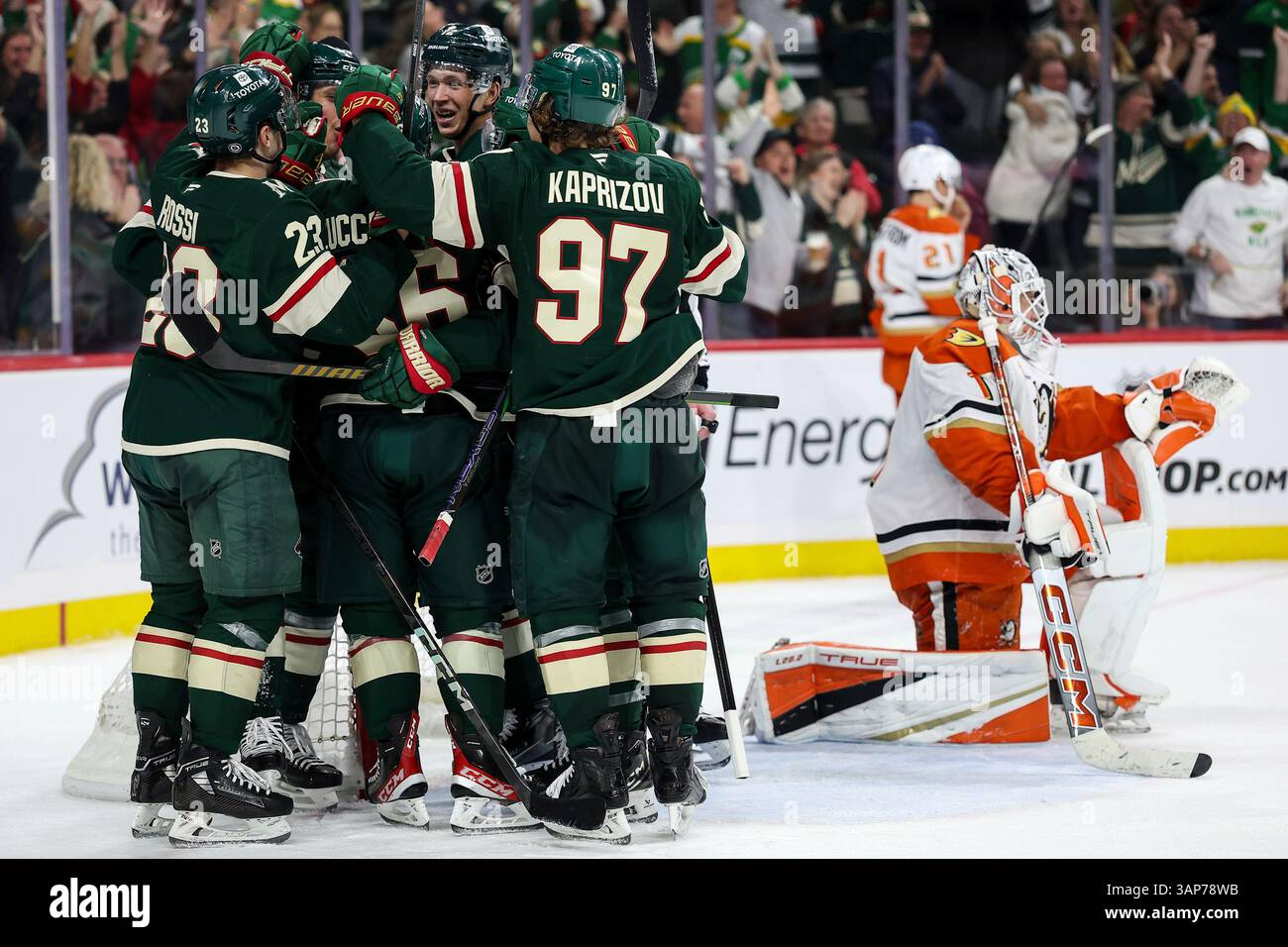 Minnesota Wild center Joel Eriksson Ek, center, celebrates his goal ...