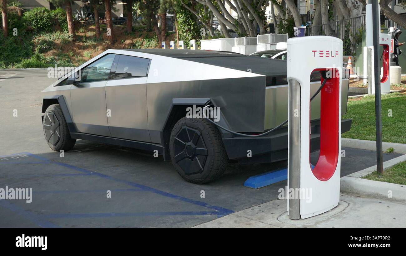 Los Angeles, California, USA 15th April 2025 Silver Tesla Cybertruck ...