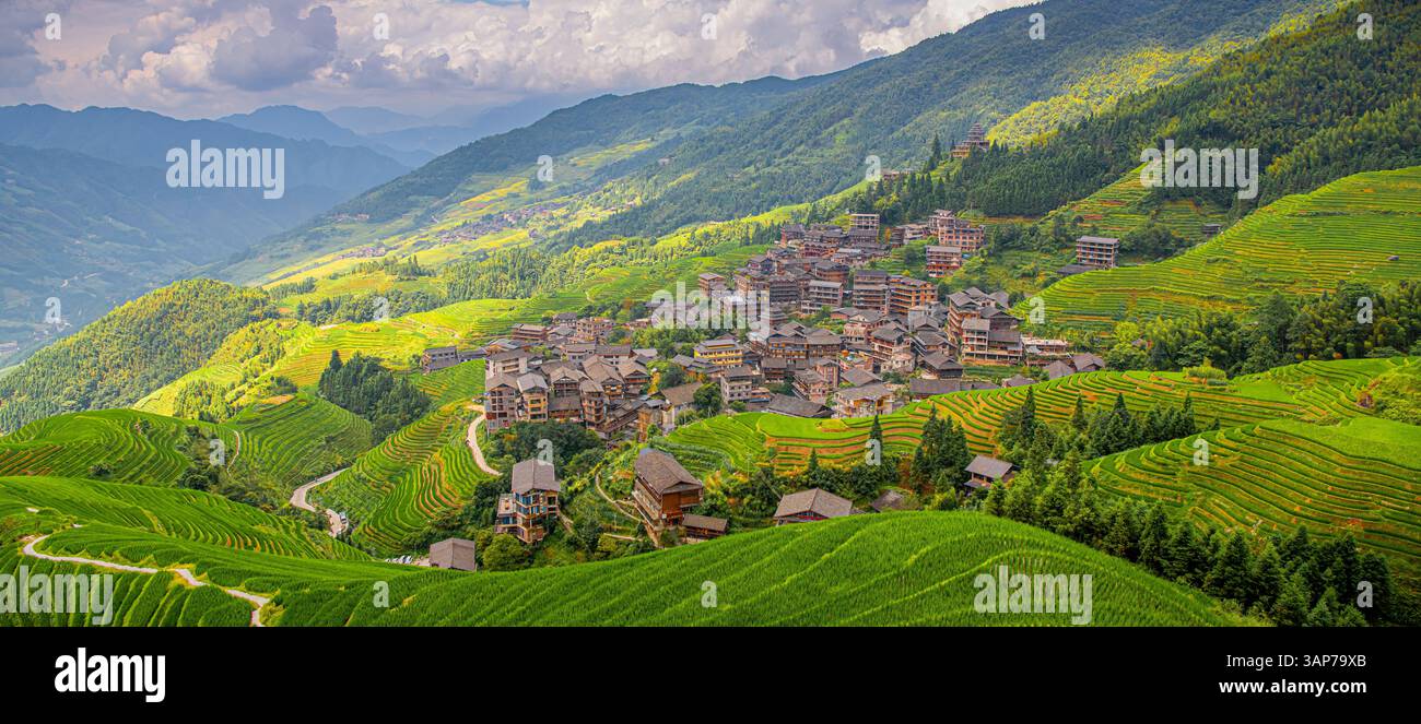 The village surrounded by lush green rice fields in Longji rice ...