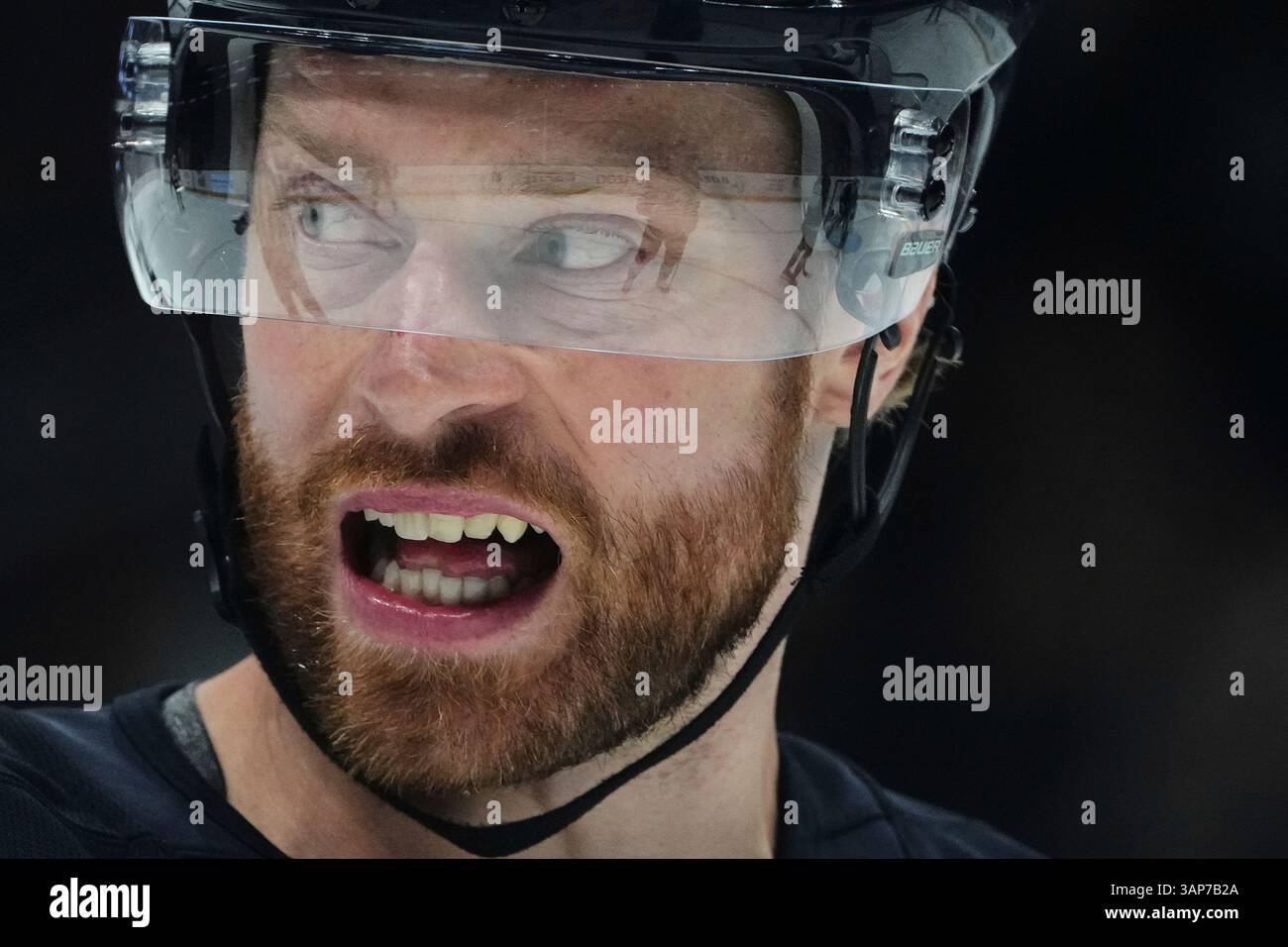 Seattle Kraken defenseman Adam Larsson reacts during the first period ...