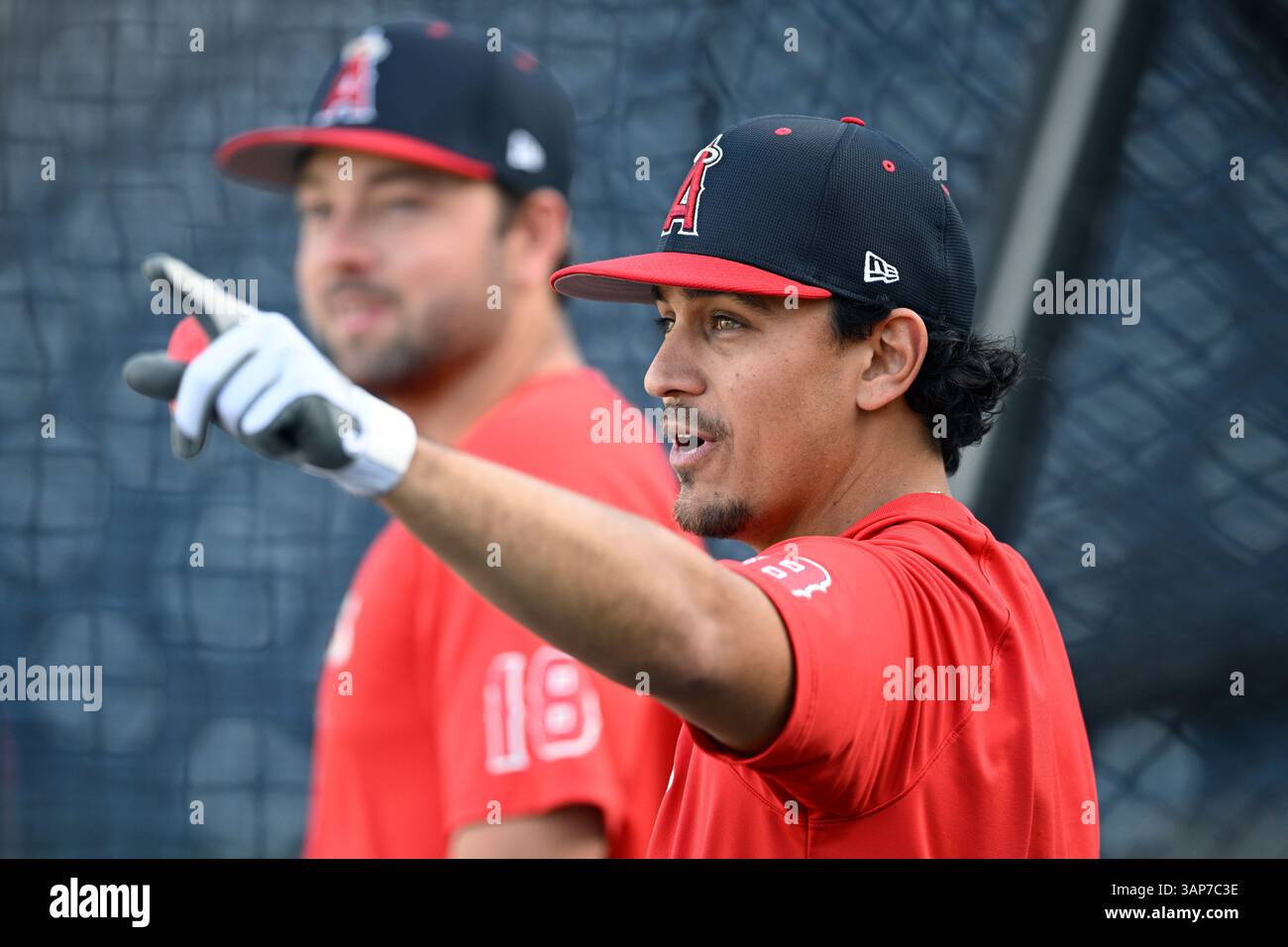 Los Angeles Angels' Nicky Lopez (8) and Nolan Schanuel (18) look on ...