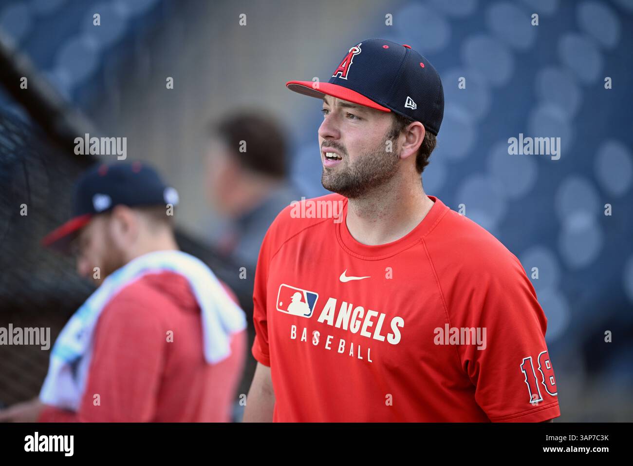 Los Angeles Angels' Nolan Schanuel (18) looks on while waiting his turn ...