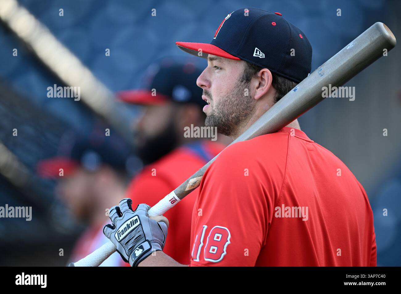 Los Angeles Angels' Nolan Schanuel (18) looks on while waiting his turn ...