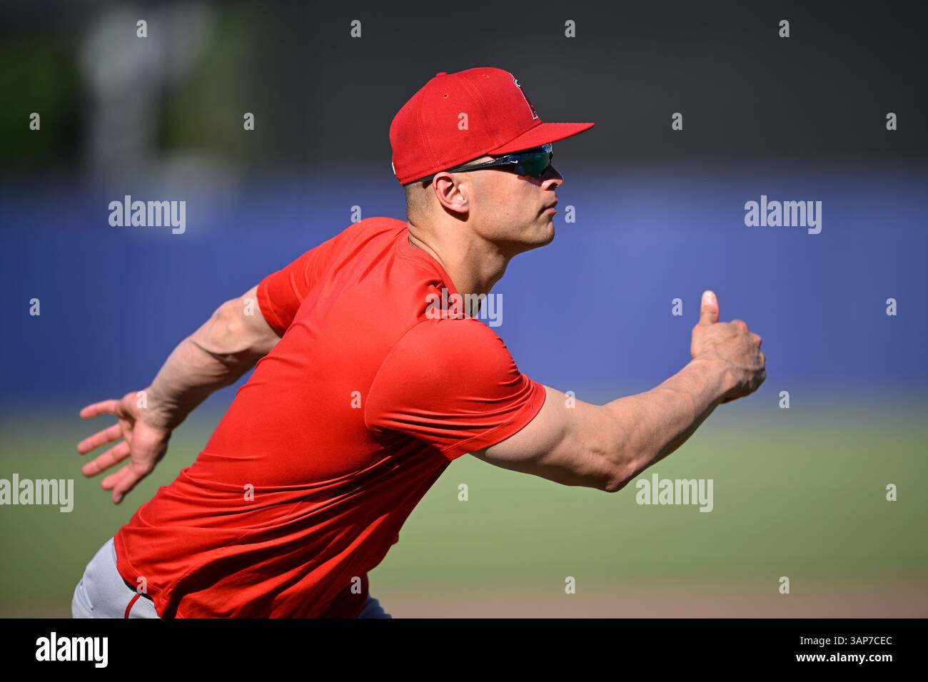 Los Angeles Angels' Logan O'Hoppe looks on during batting practice ...