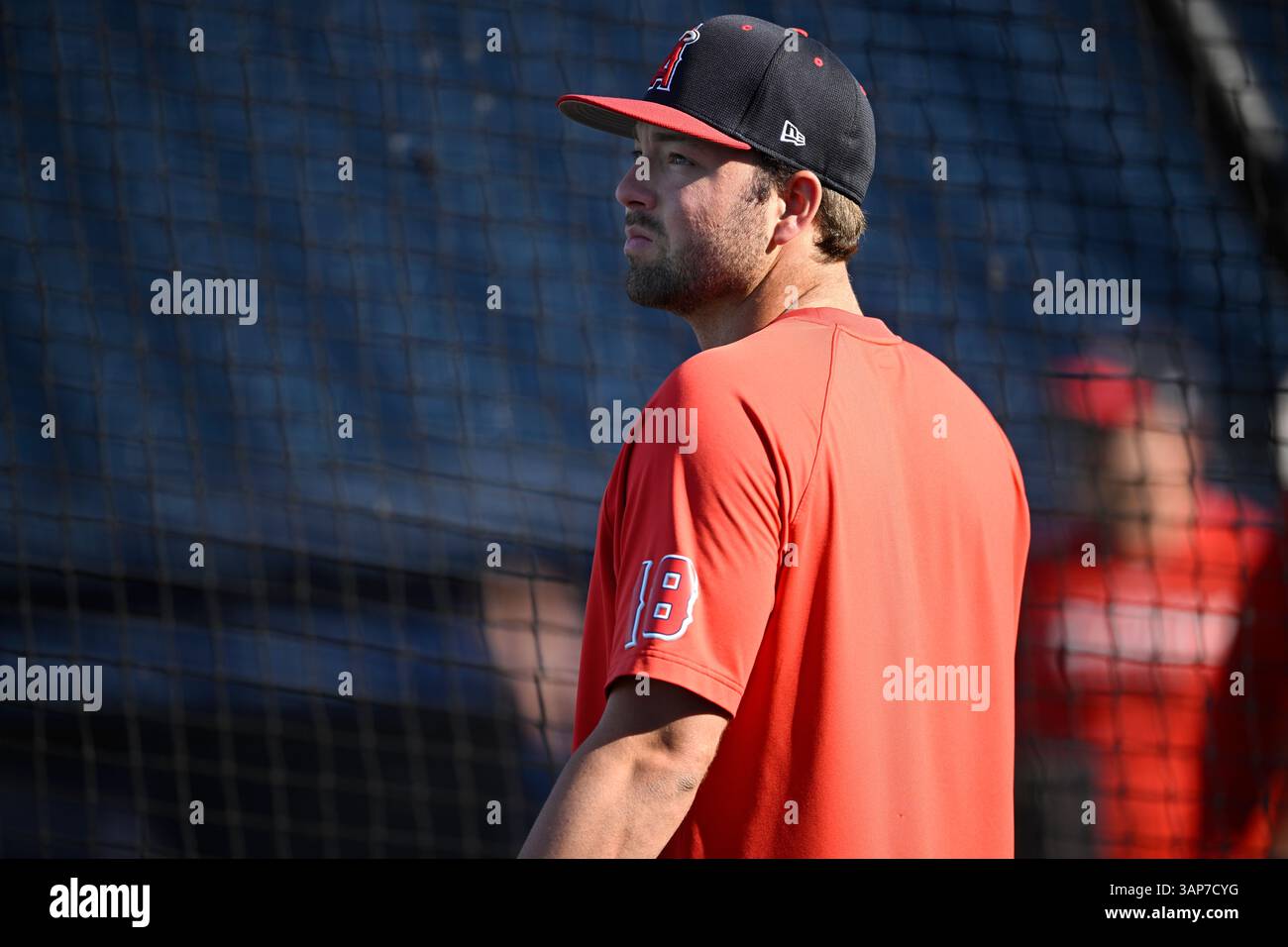 Los Angeles Angels' Nolan Schanuel (18) looks on while waiting his turn ...