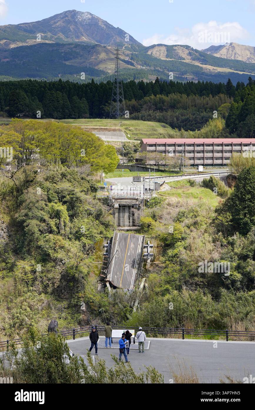 Photo taken on April 15, 2025, shows Aso Ohashi bridge in Minamiaso ...