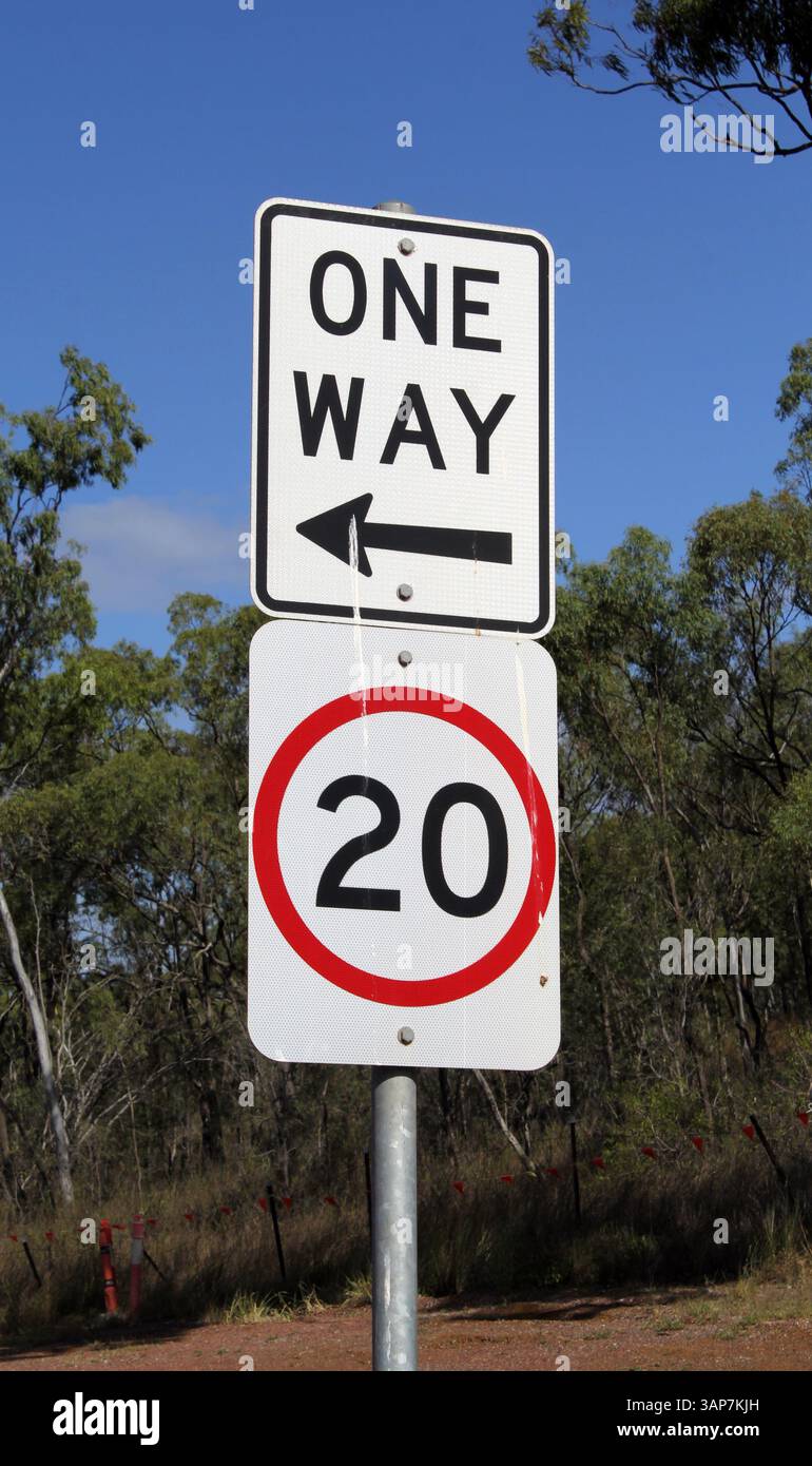 One Way and Speed Limit road signs attached to a grey metal pole with the sky and trees in the ...