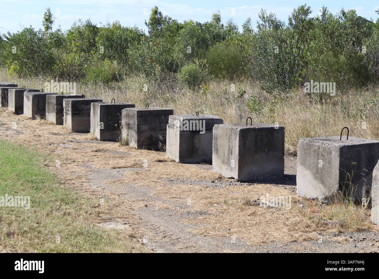 Weathered concrete blocks with metal loops amongst grass, weeds and ...