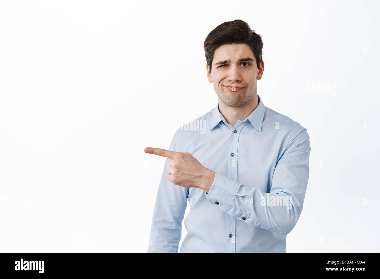 Disappointed, skeptical businessman smirk and frown upset, pointing ...