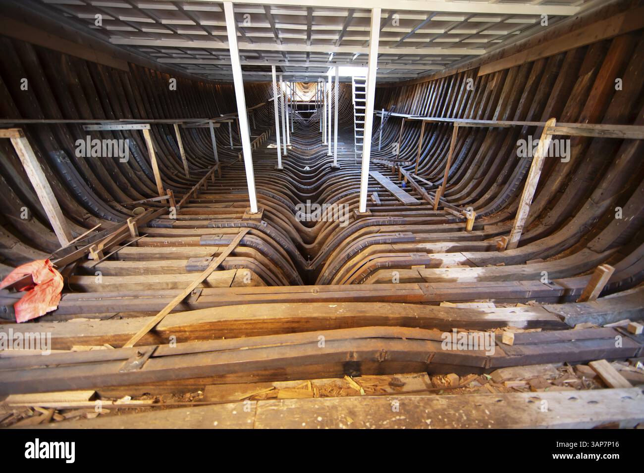 Interior of a dhow under construction, dhow shipyard in Sur, province ...