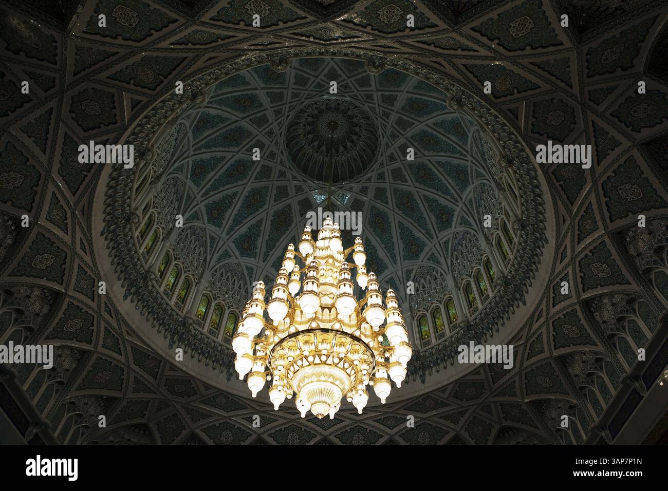 Ceiling light in the men's prayer room, interior view, in the Sultan ...