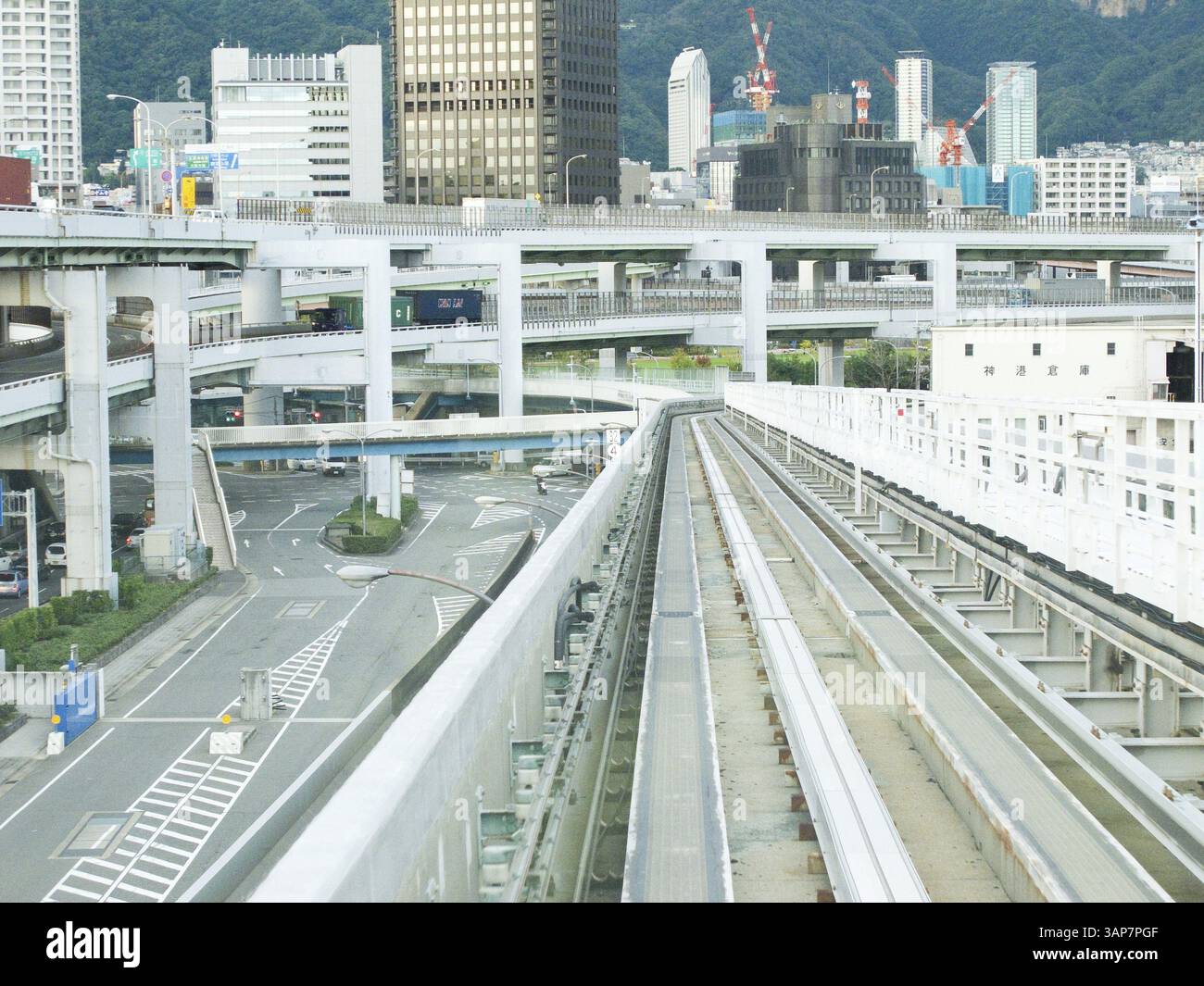 Kobe portliner train tracks seen from inside the train, Kobe, Japan ...