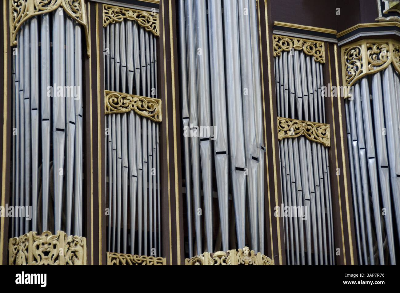 Detail of a church organ with pipe for choral music, Soroe, Denmark ...