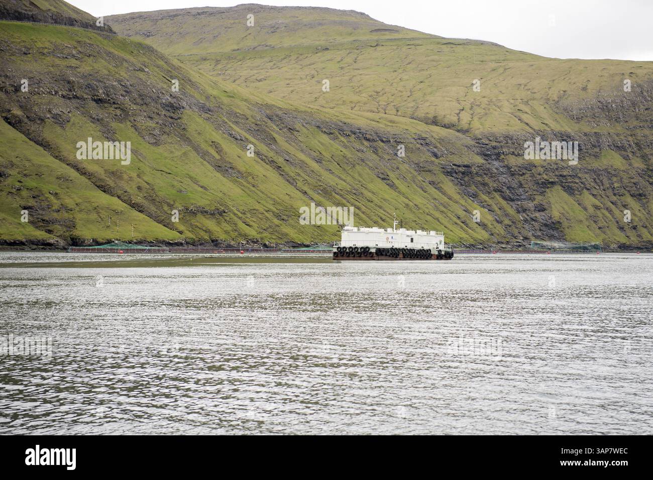 Salmon farm on the Faroe Islands close to Vestmanna as seen from the ...