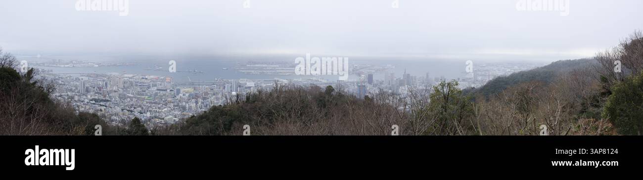 Panorama view of Kobe from a surrounding mountain with trees and houses ...