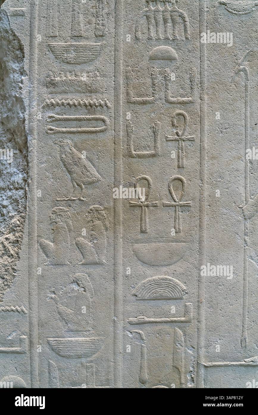Ancient text in the form of Egyptian hieroglyphics on a limestone wall ...