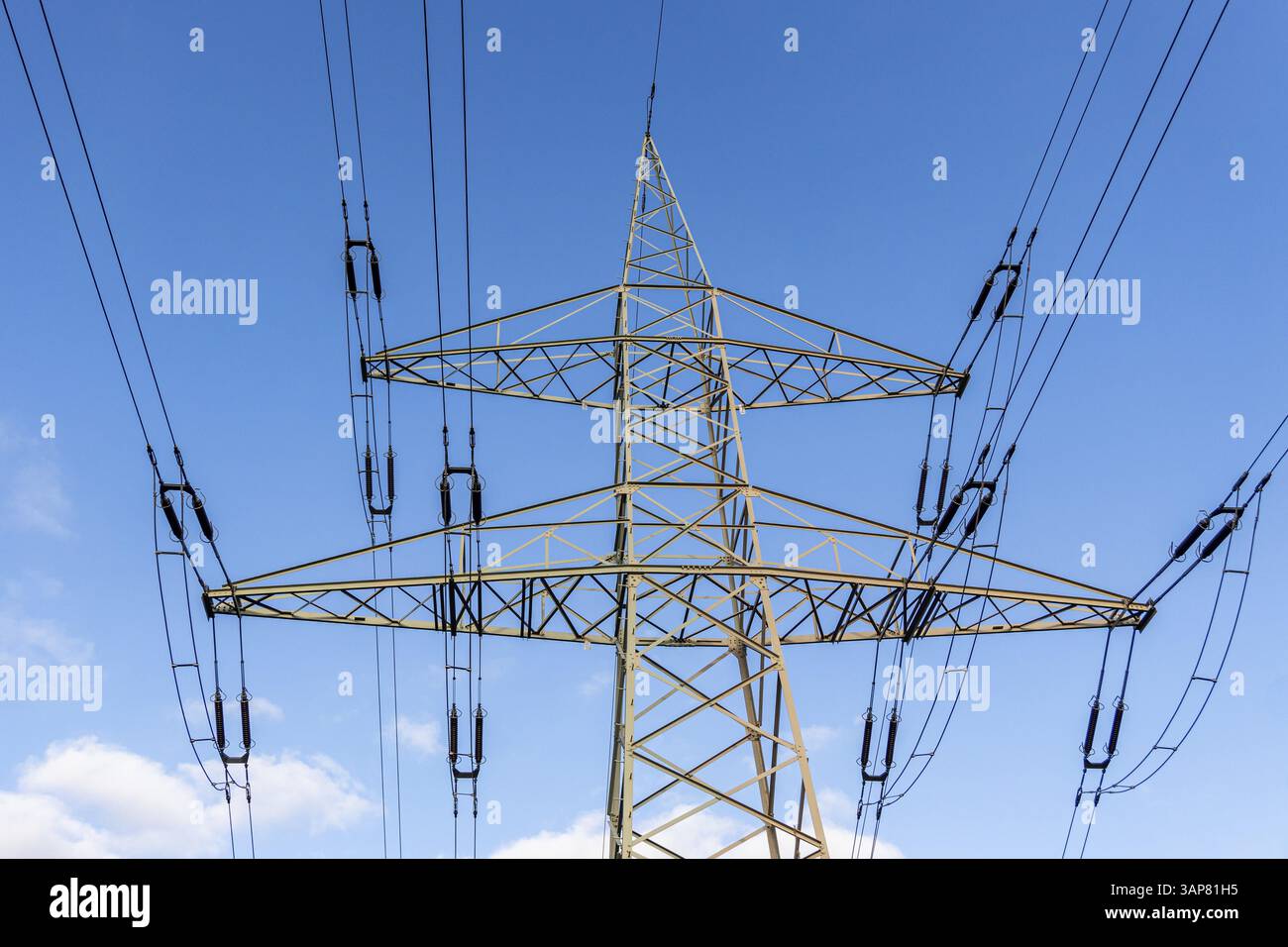 High-voltage pylon double system energy transmission Stock Photo - Alamy