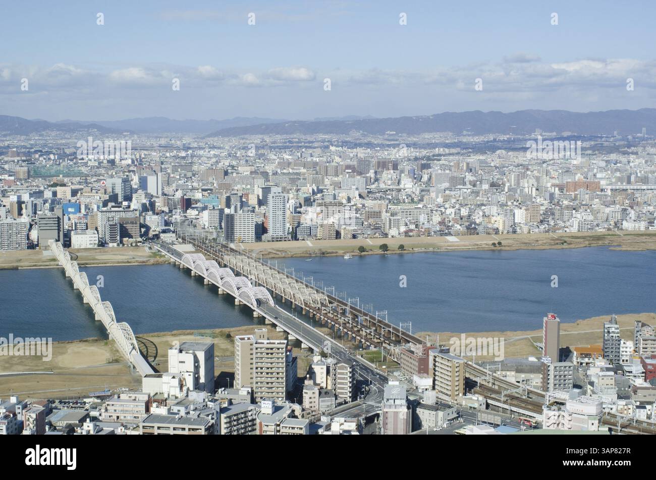 Panorama view of Osaka bay from the surrounding mountains, Osaka, Japan ...