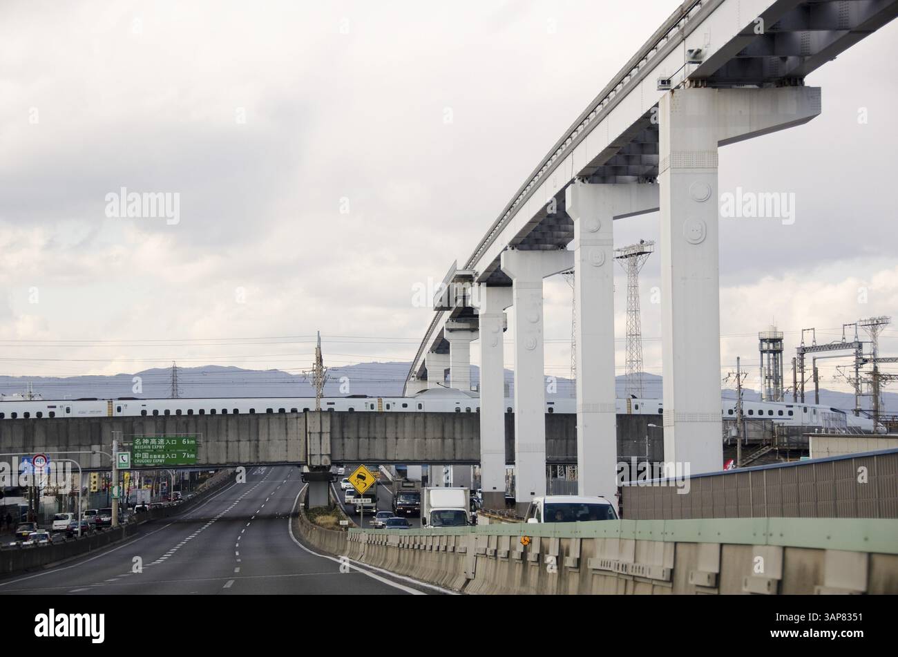 Japanese infrastructure with train, monorail track and motorway, Osaka ...