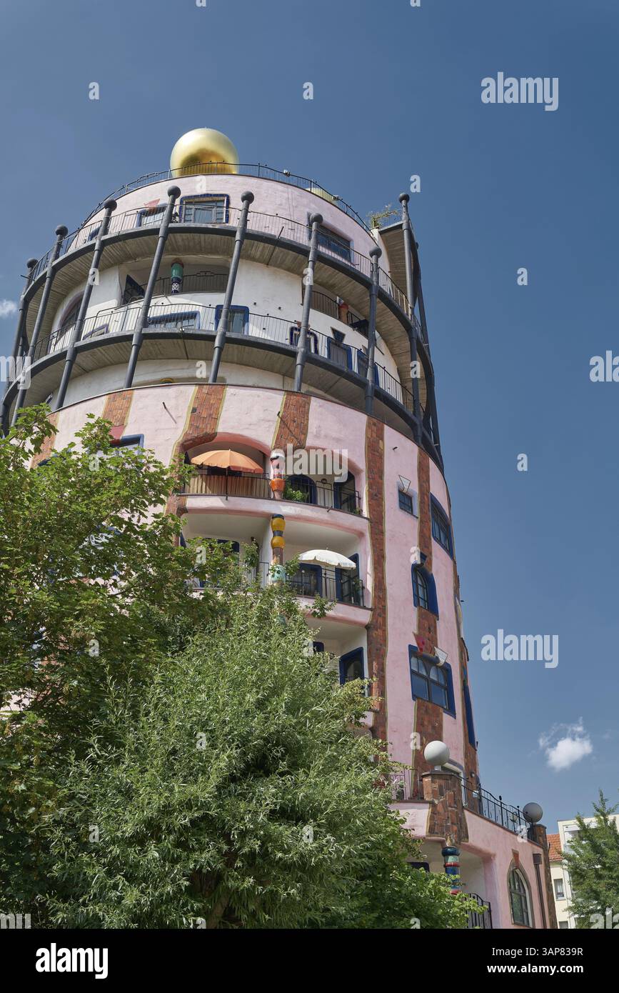 View of the tower of the famous Hundertwasserhaus, the last building by ...