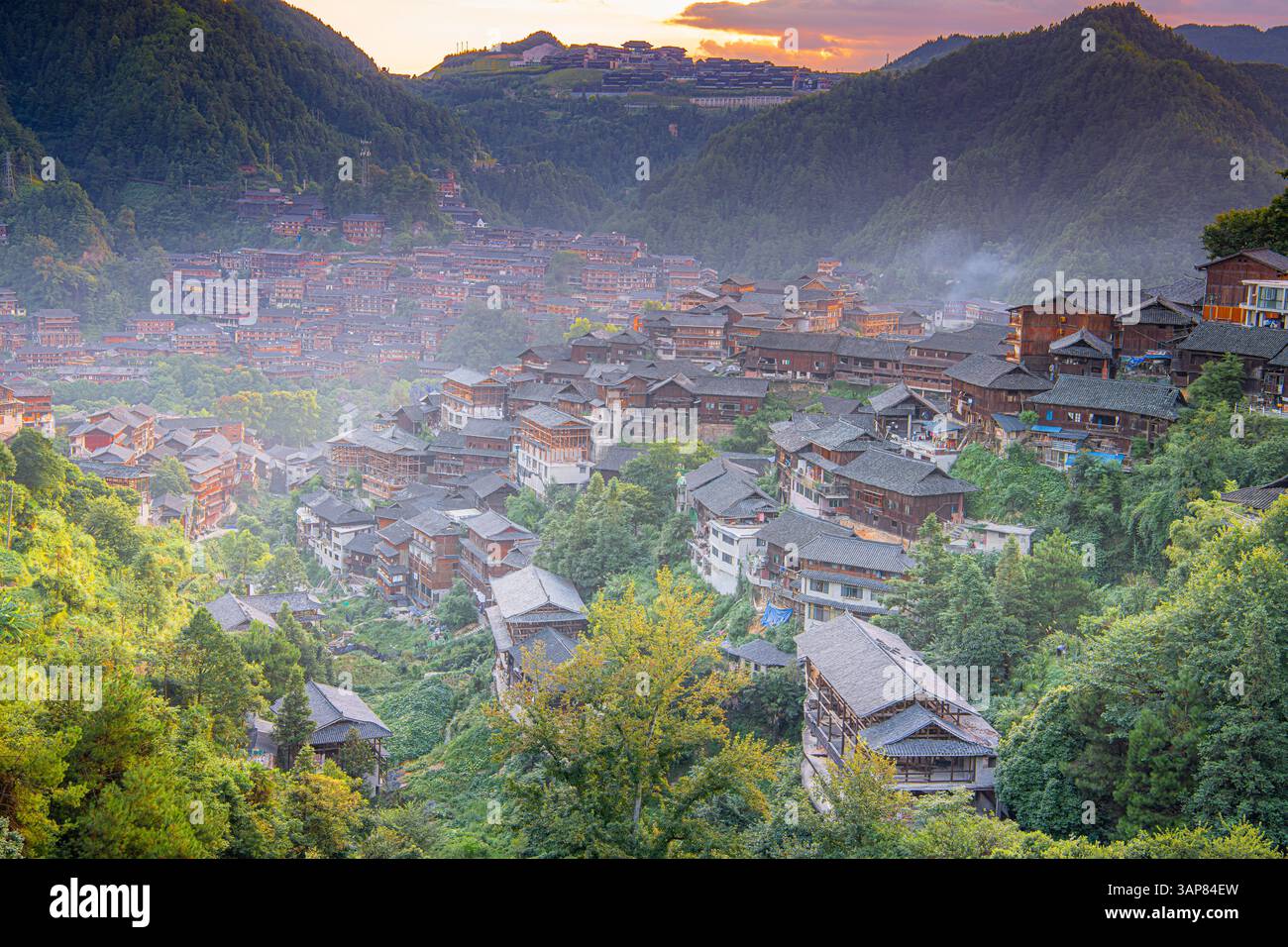 Aerial view of ancient remote village in Guizhou, China, background ...
