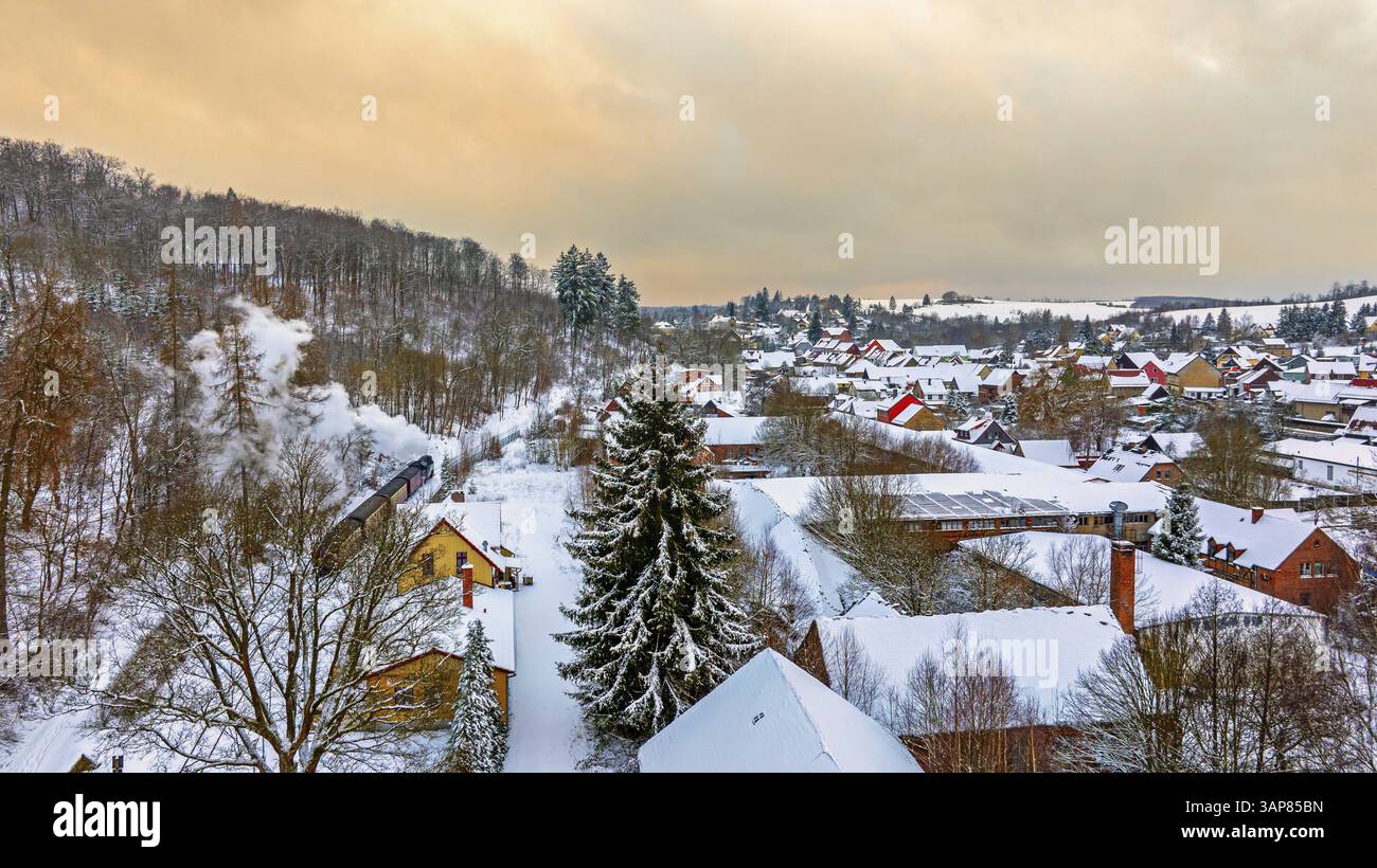 Guentersberge Selke valley winter landscape with Selke valley railway ...