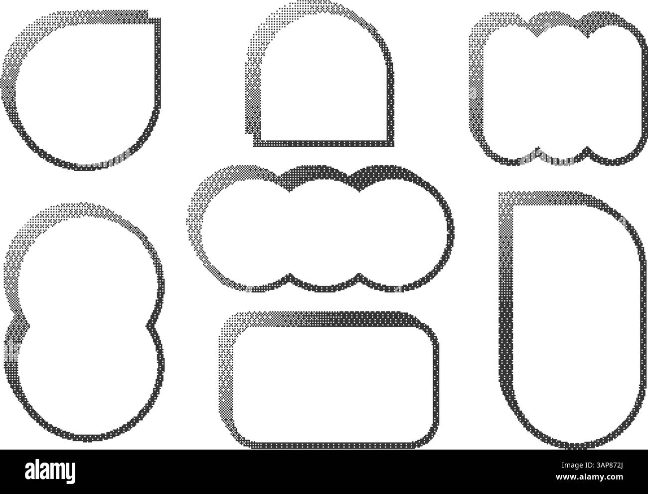 Pixel pattern frames. Bitmap arch windows on white background. Dotted dither vector graphic ...