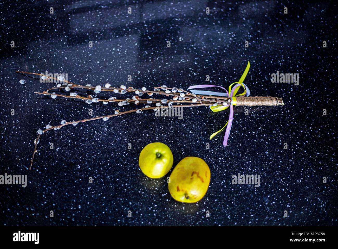 willow branches with two yellow apples. Palm Sunday. Palm week Stock ...