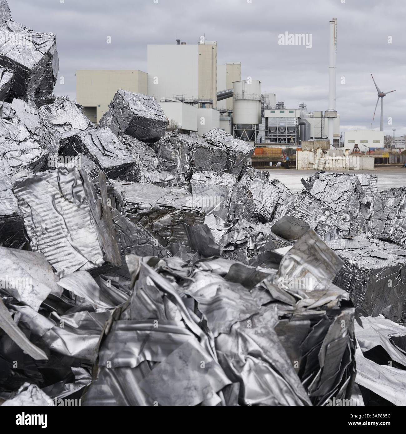 Pressed scrap metal at a scrap yard in Magdeburg harbour Stock Photo ...