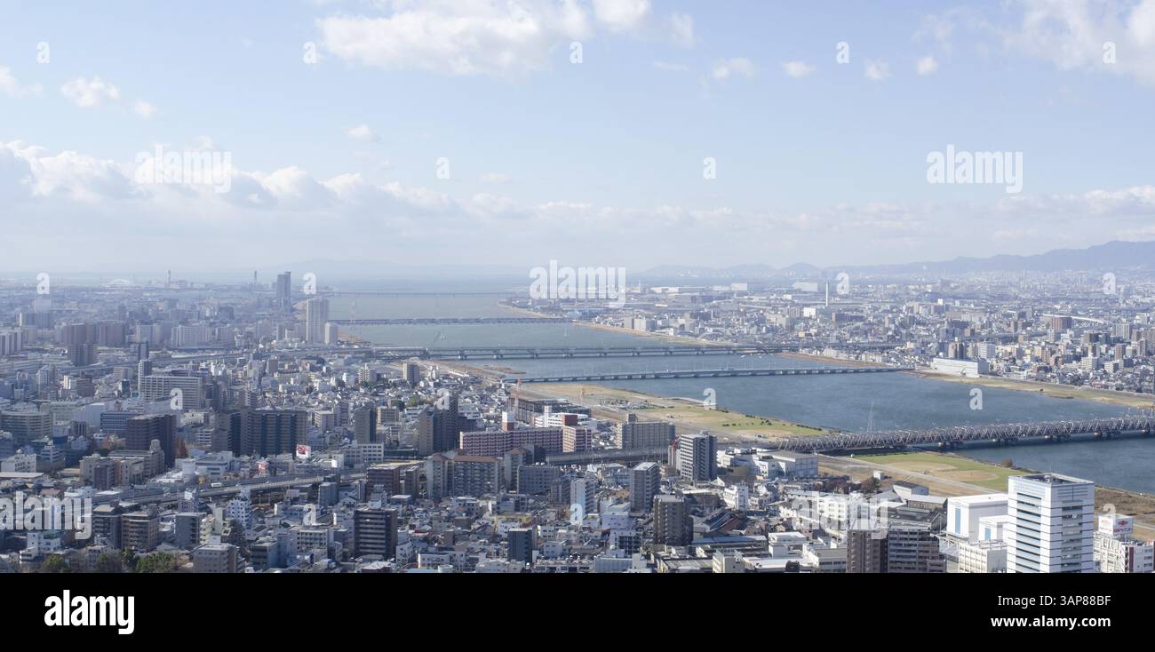 Panorama view of Osaka along the Yodo river, Osaka, Japan, Asia Stock ...