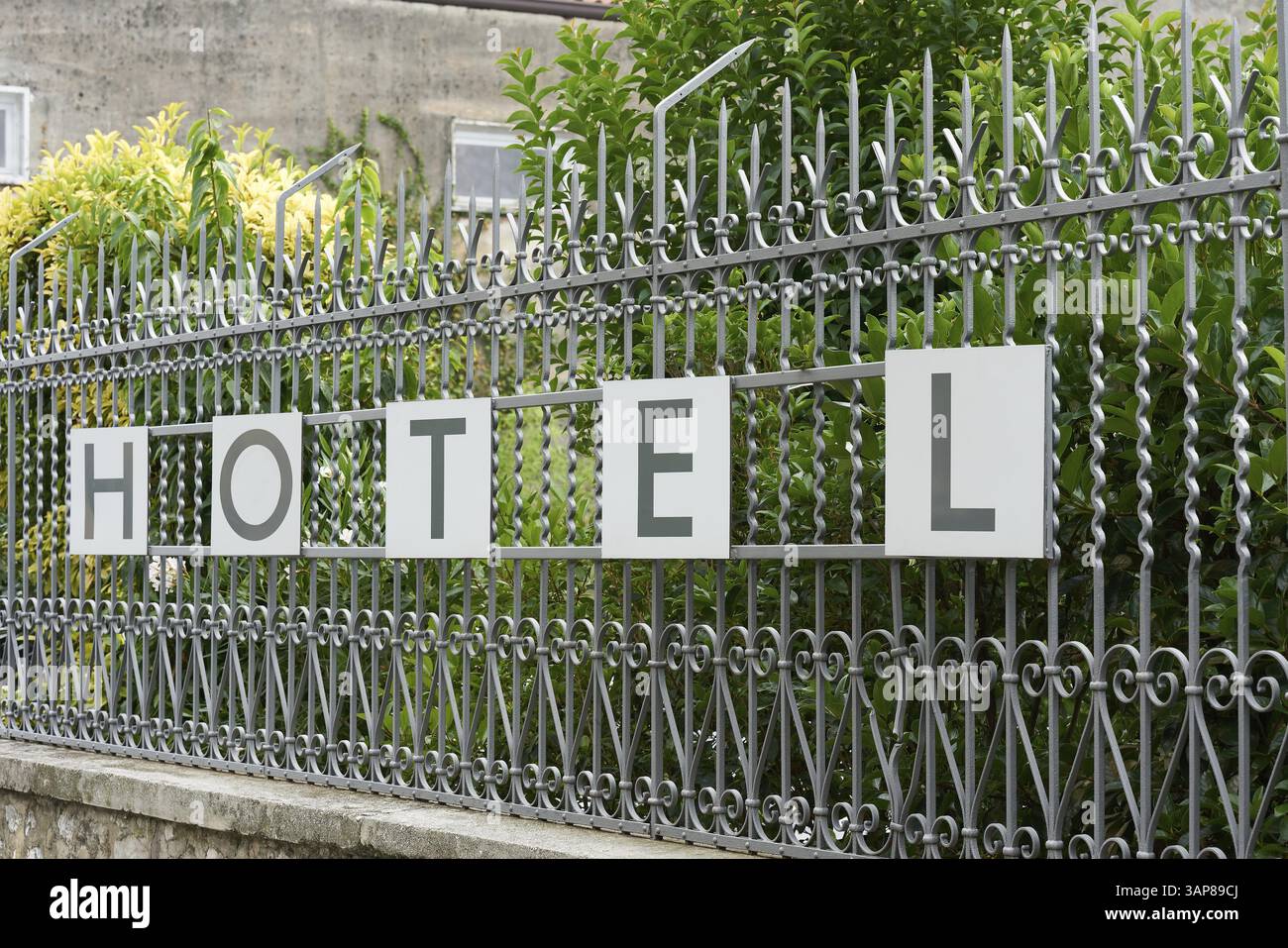 Hotel lettering on the fence of a hotel complex in the popular holiday ...