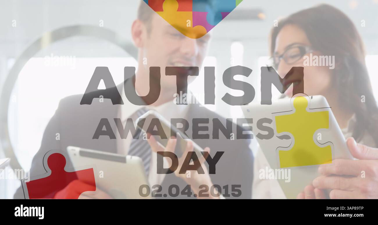 Image of colourful puzzle pieces and autism text over business people ...