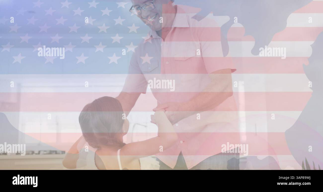 Image of flag of usa over happy caucasian father dancing with daughter ...