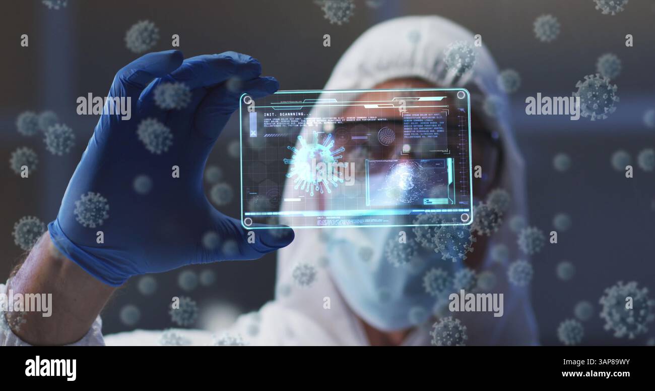 Image of virus cells and digital interface over male doctor wearing ...