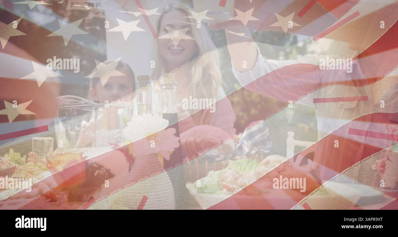 Image of american flag over family during dinner drinking drinks Stock ...