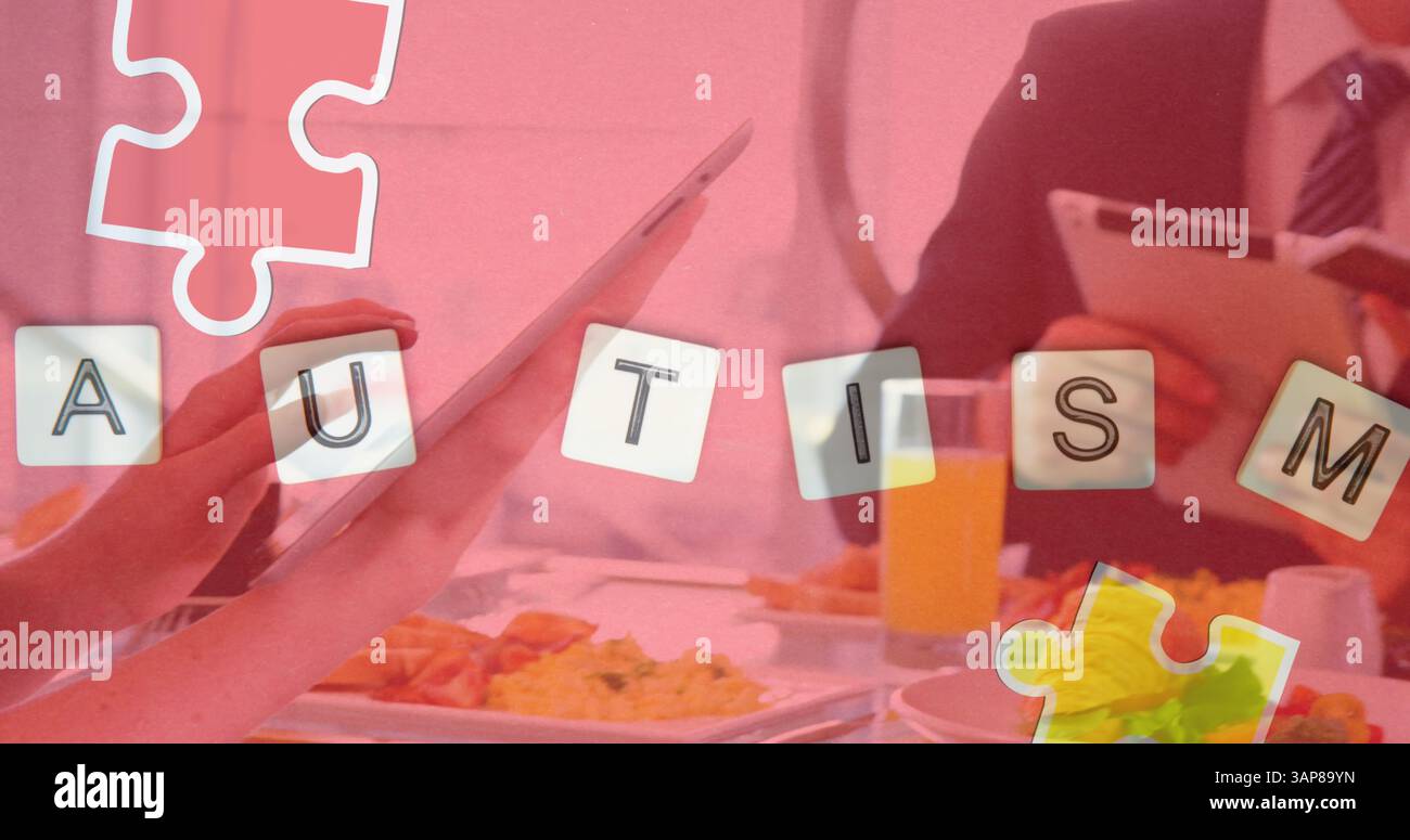 Image of colourful puzzle pieces and autism text over business people ...