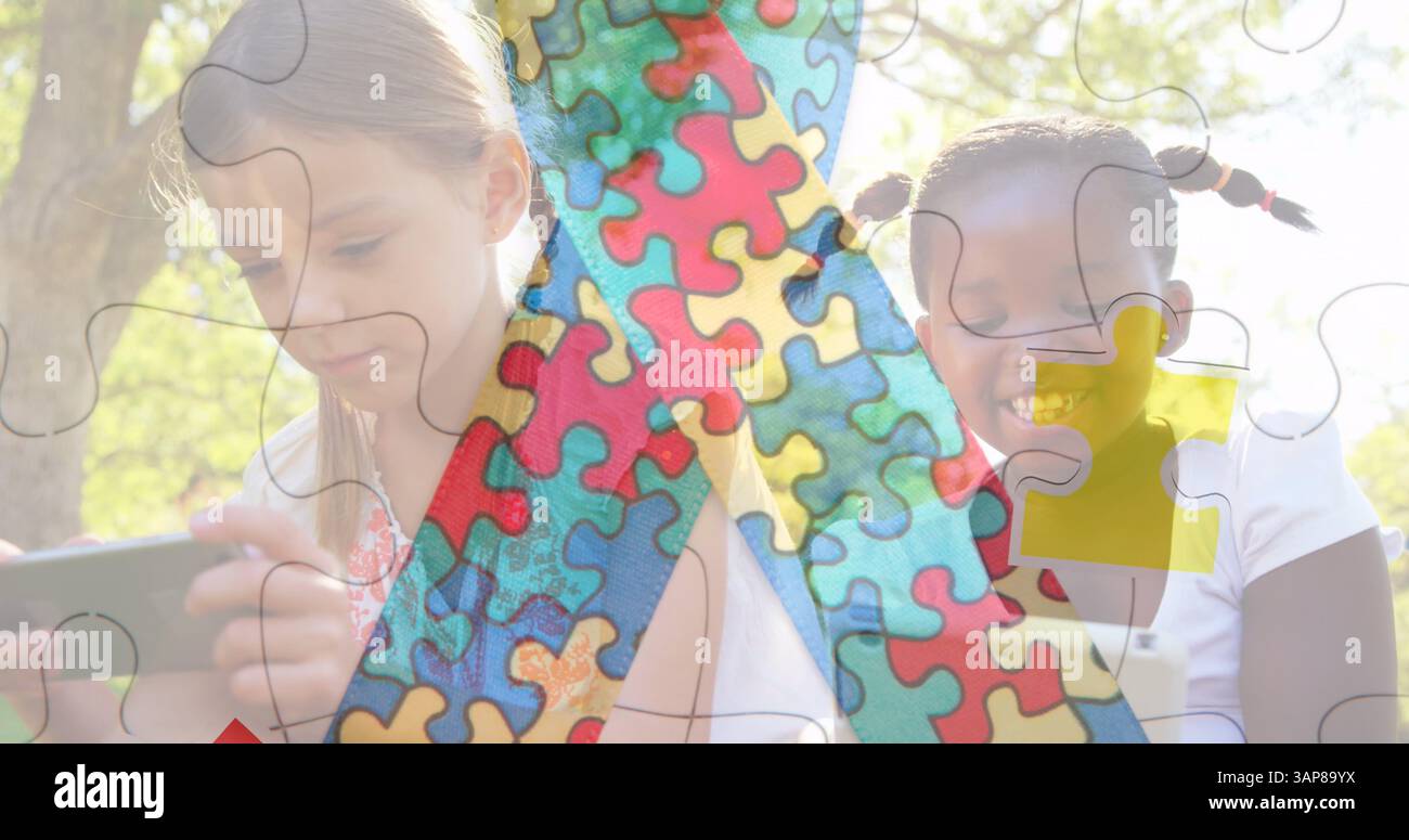 Image of colourful puzzle pieces ribbon over girls using tablets Stock ...