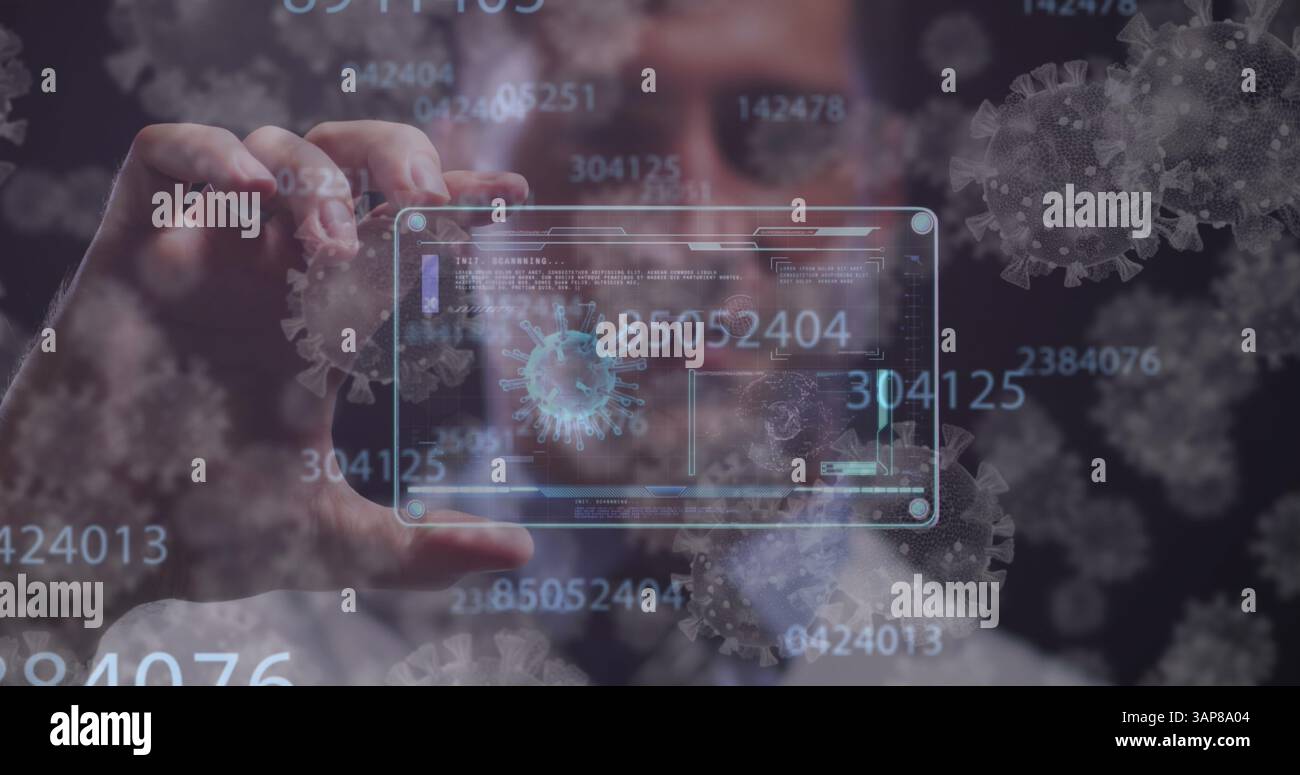 Image of data processing, virus cells, digital interface over male ...