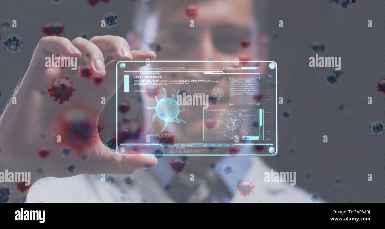 Image of virus cells and digital interface over male doctor Stock Photo ...