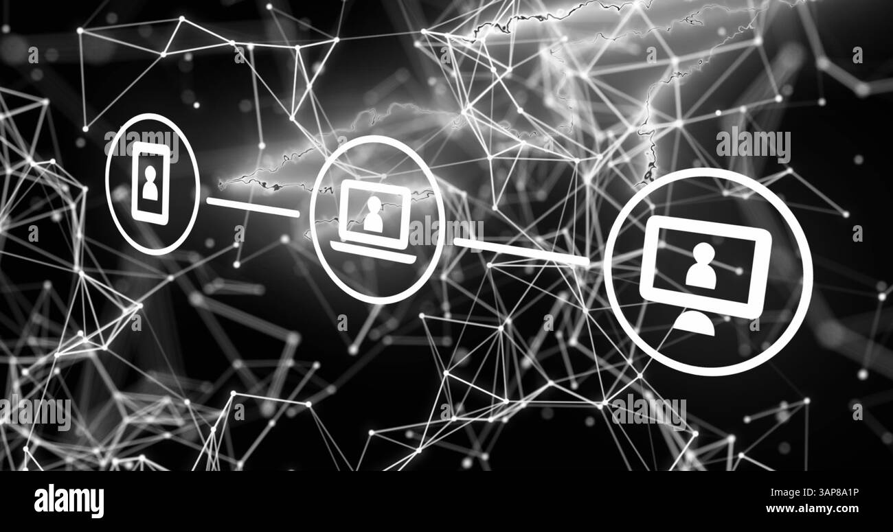 Image of media icons and network of connections on black background. global business, data ...