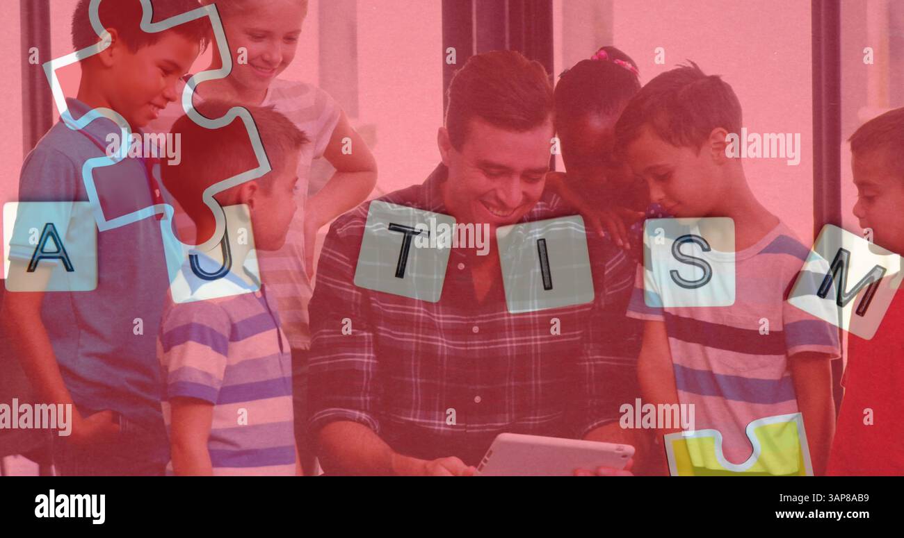 Image of colourful puzzle pieces and autism text over school children ...