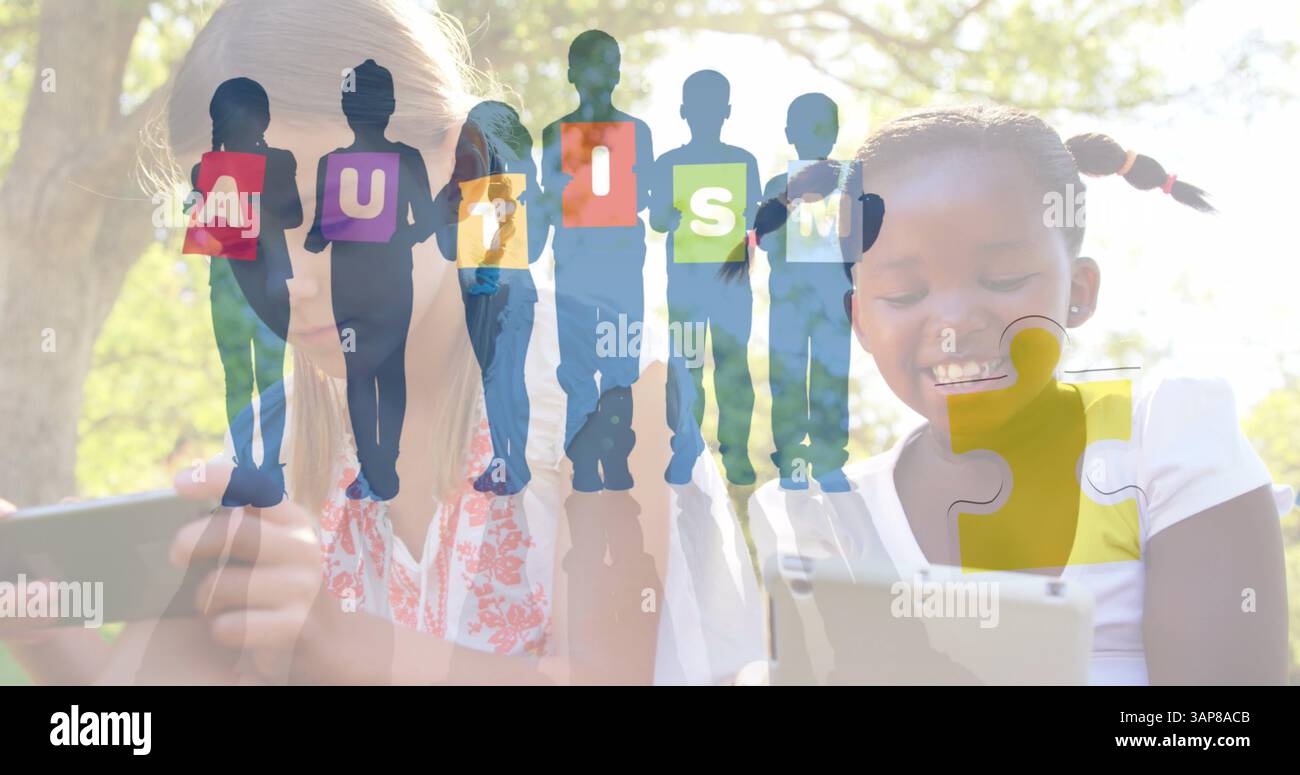 Image of colourful puzzle pieces and autism text over schoolgirls using ...