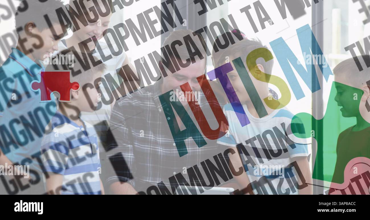 Image of colourful puzzle pieces and autism text over school children ...