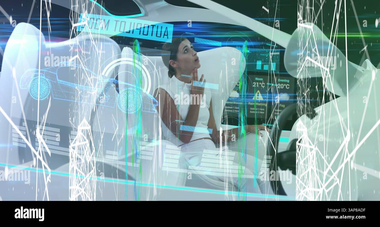 Image of data processing over woman in self drive car Stock Photo - Alamy