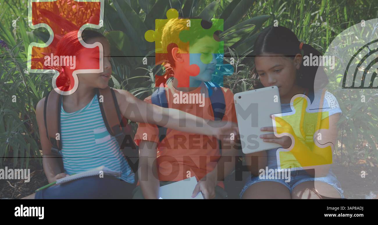 Image of colourful puzzle pieces over school children using tablets Stock Photo - Alamy