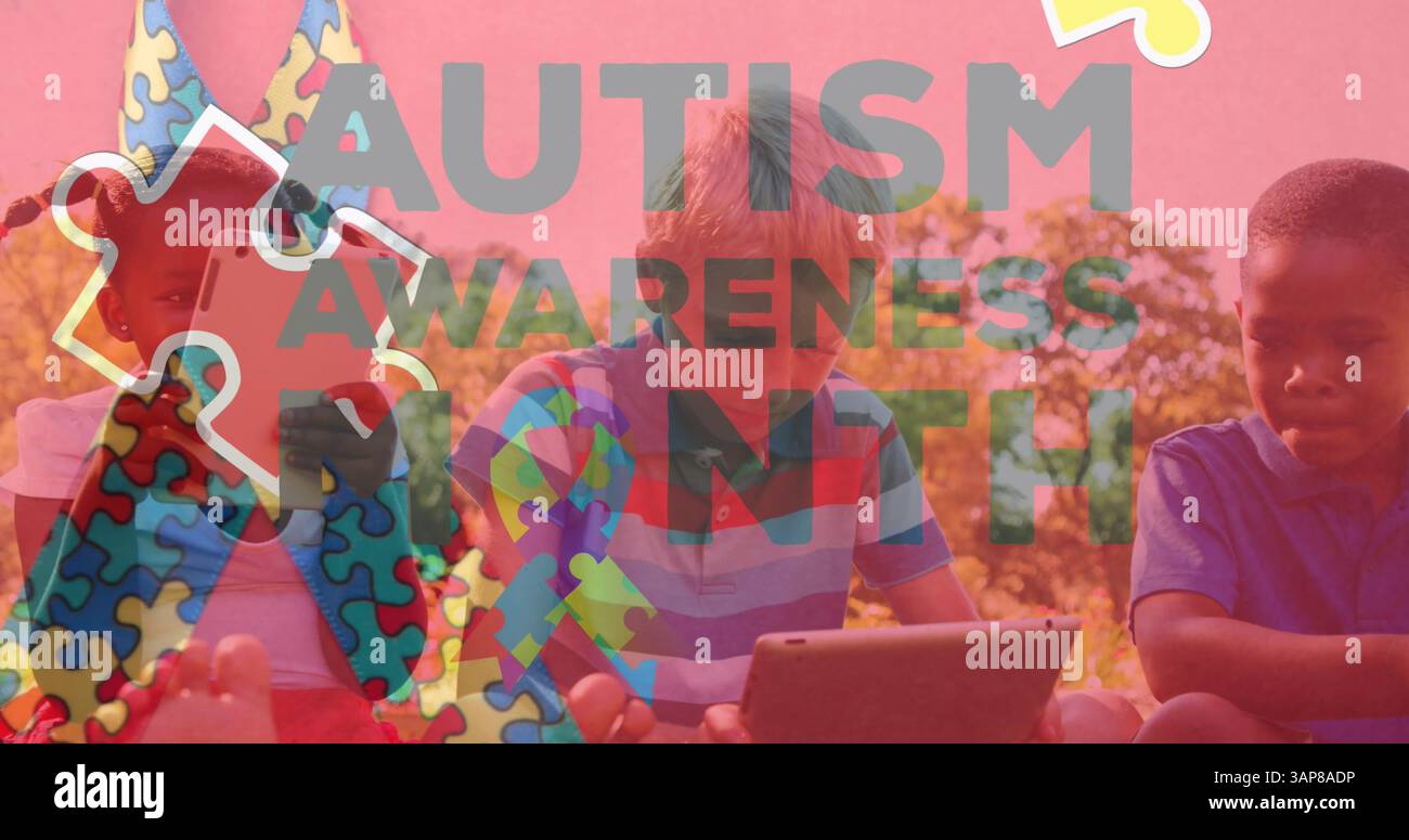 Image of colourful puzzle pieces and autism text over children using ...
