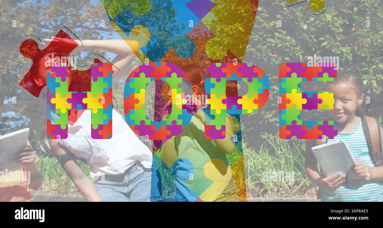 Image of colourful puzzle pieces, hope autism awareness month text over ...