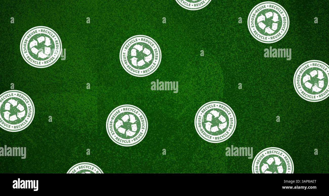 Image of recycling symbols in circles floating on green background ...