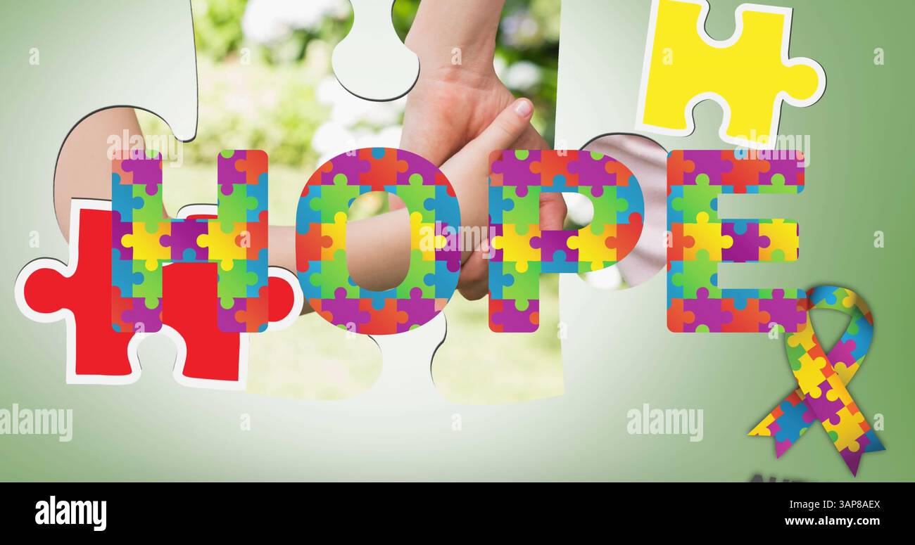 Image of autism colourful puzzle pieces forming and hope text over ...
